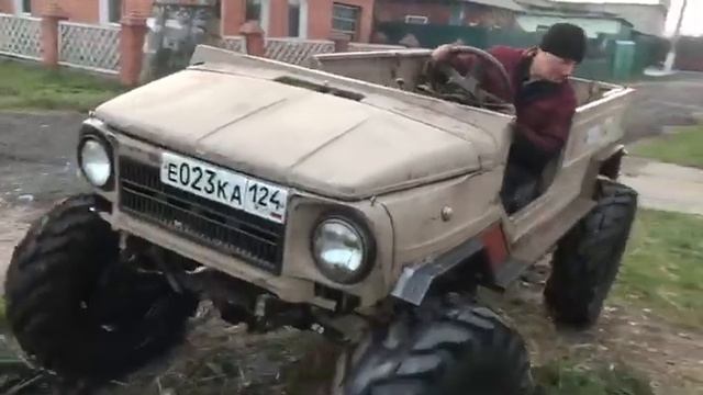 Кабриолет ЛуАЗ-969 на бел 160 тест понижающий передачи в канаве.