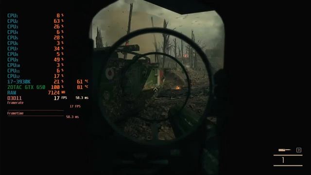 Battlefield 1  i7 3930K RAM HYPER X 16GB DDR3 1600 ZOTAC GTX 650 2GB HIGH SETTINGS