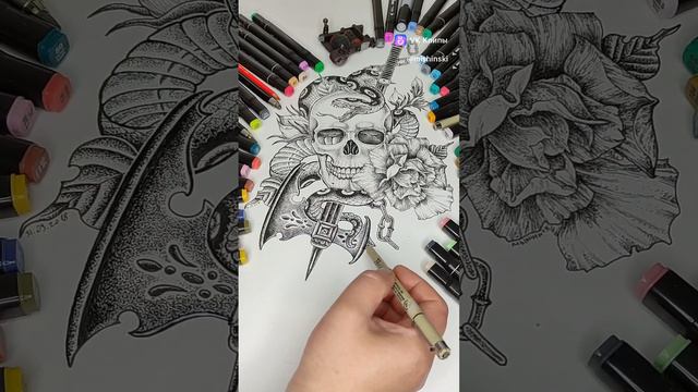 Тату эскиз Череп со змеёй и розой