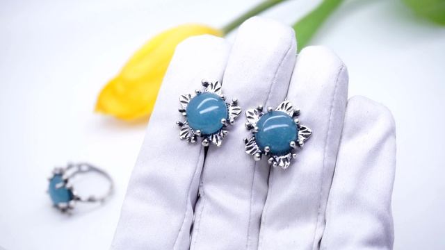 Гарнитур серьги кольцо "Калиновый цвет" аквамарин голубые камни посеребрение нежно 2207 Хорошие Вещи
