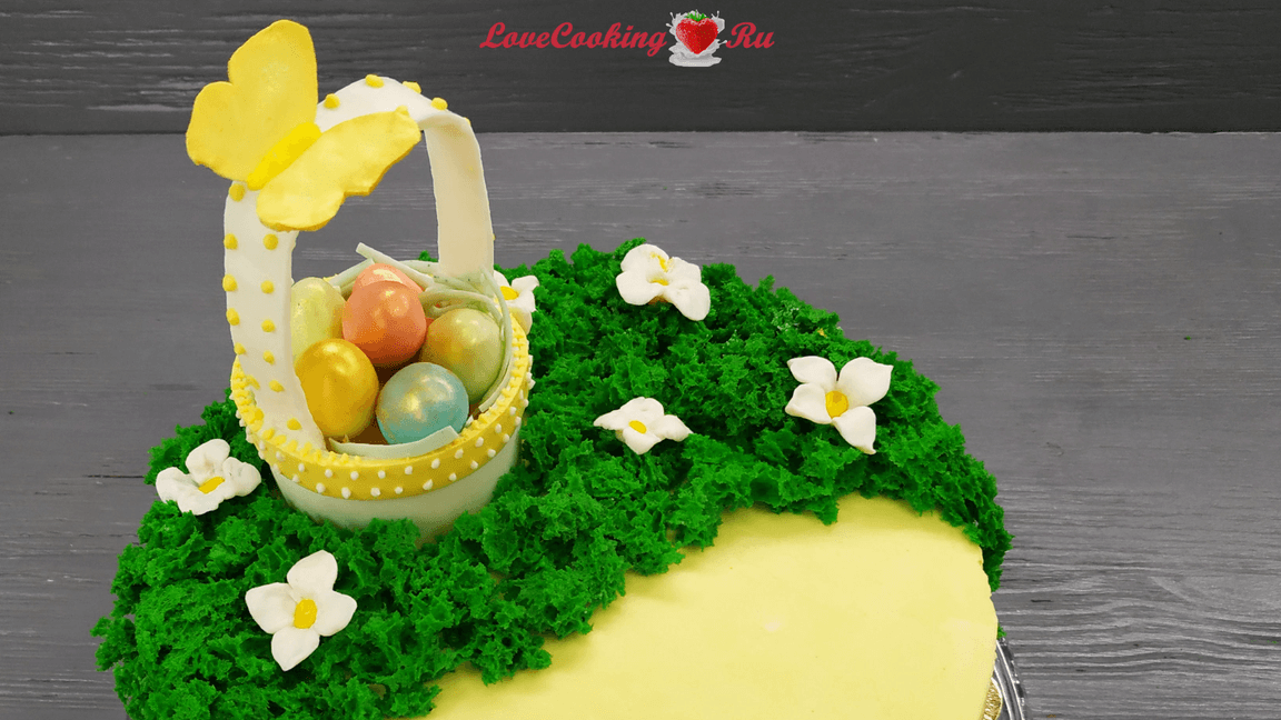 Пасхальный декор: яйца из пластичного шоколада, шоколадная корзинка, бисквитный мох
