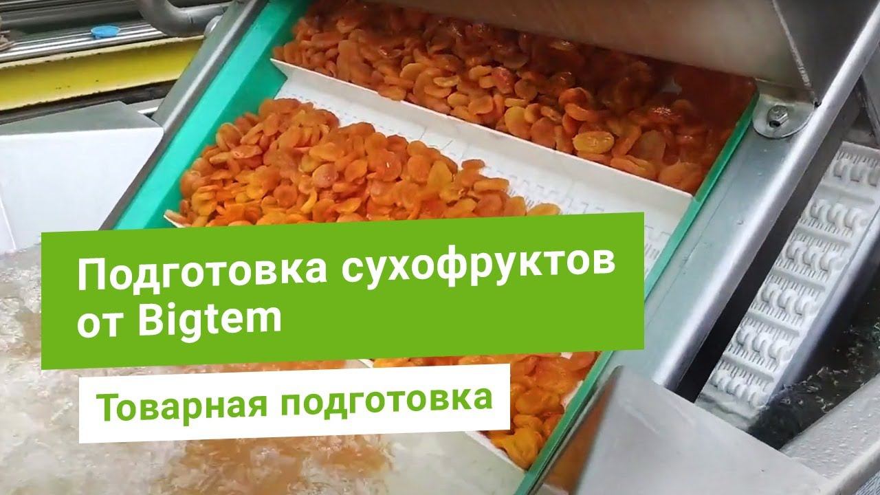 Линия производства сухофруктов от Bigtem. Товарная подготовка - мойка, сортировка, сушка кураги.