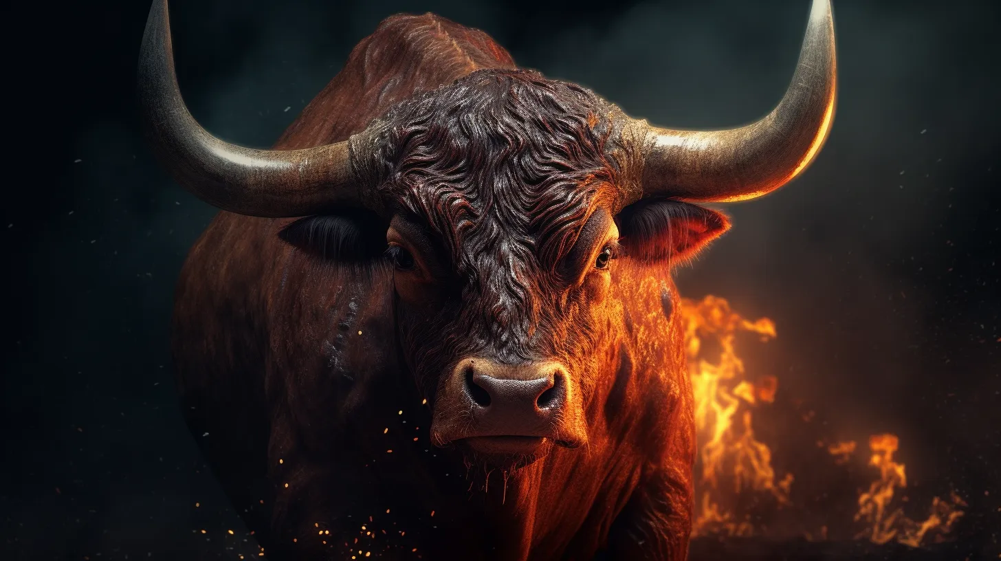 Мускулистый и злой бык на фоне огня