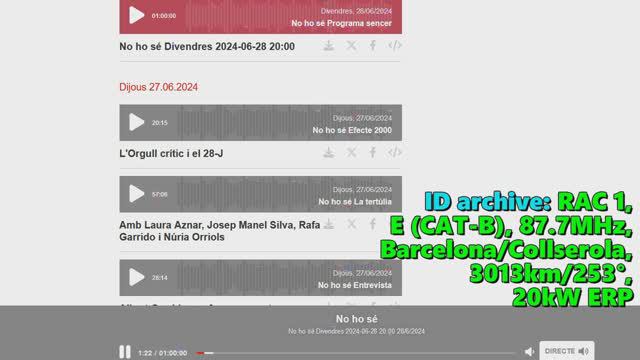 28.06.2024 18:01UTC, [Es+], RAC 1, Испания (Каталония), 87.7МГц, 3013км, 20кВт