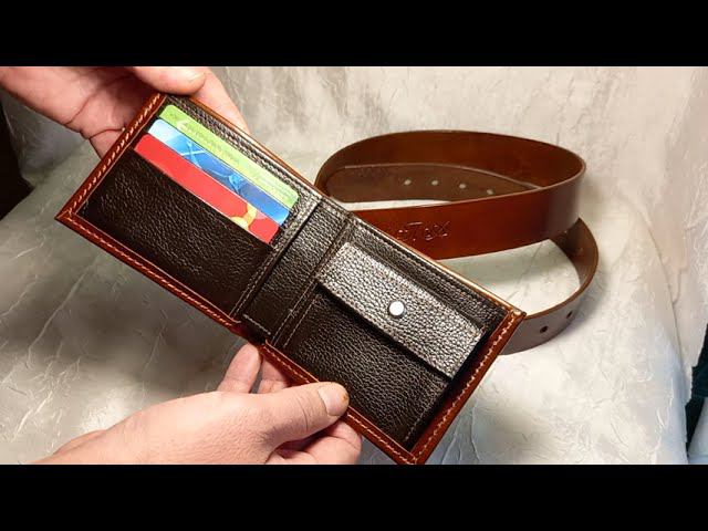Кошелёк мужской + ремень. Изделия из кожи. СКСтиль. Видео обзор: Комплект в подарок.