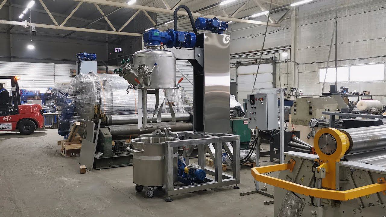 Стационарный вакуумный диссольвер с подкатной дежой с подъёмником крышки и тремя мешалками ДС-200