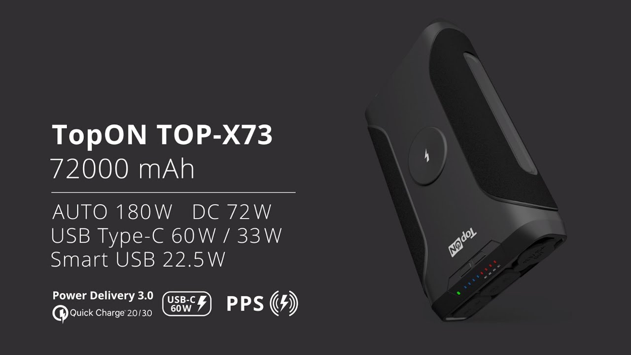 TopON TOP-X73 72000mAh, 2 Type-C 60W/33W, USB 22.5W, авторозетка 180W, DC 72W, Qi 10W, фонарь