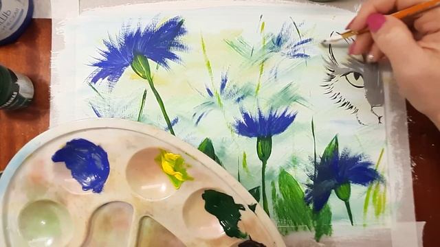 Как нарисовать поле васильков. Рисуем кота.