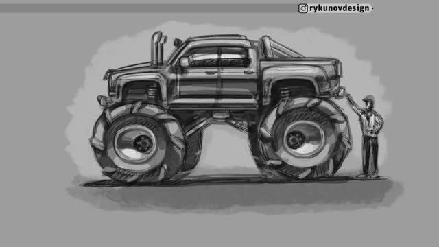 Рисуем автомобиль Монстр-трак (Бигфут) скетч.