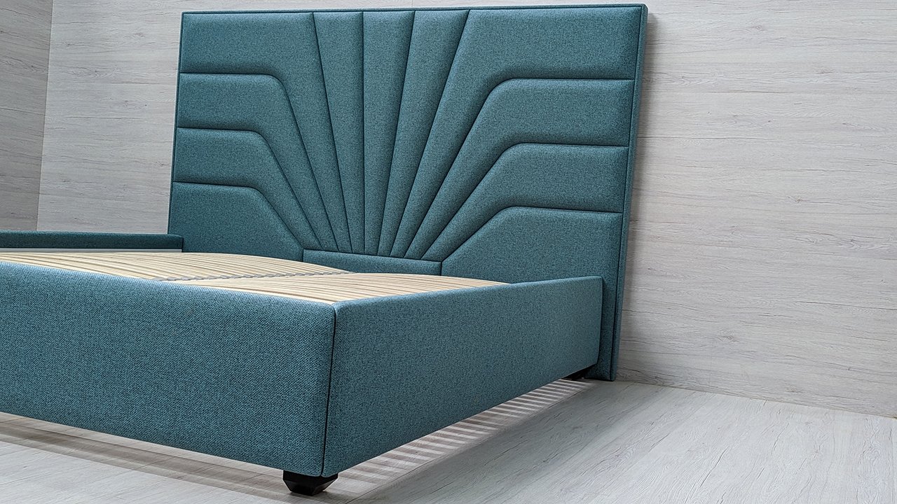 Кровать взрослая двуспальная на заказ ручной работы. Двуспальная модель Интерио в синем цвете