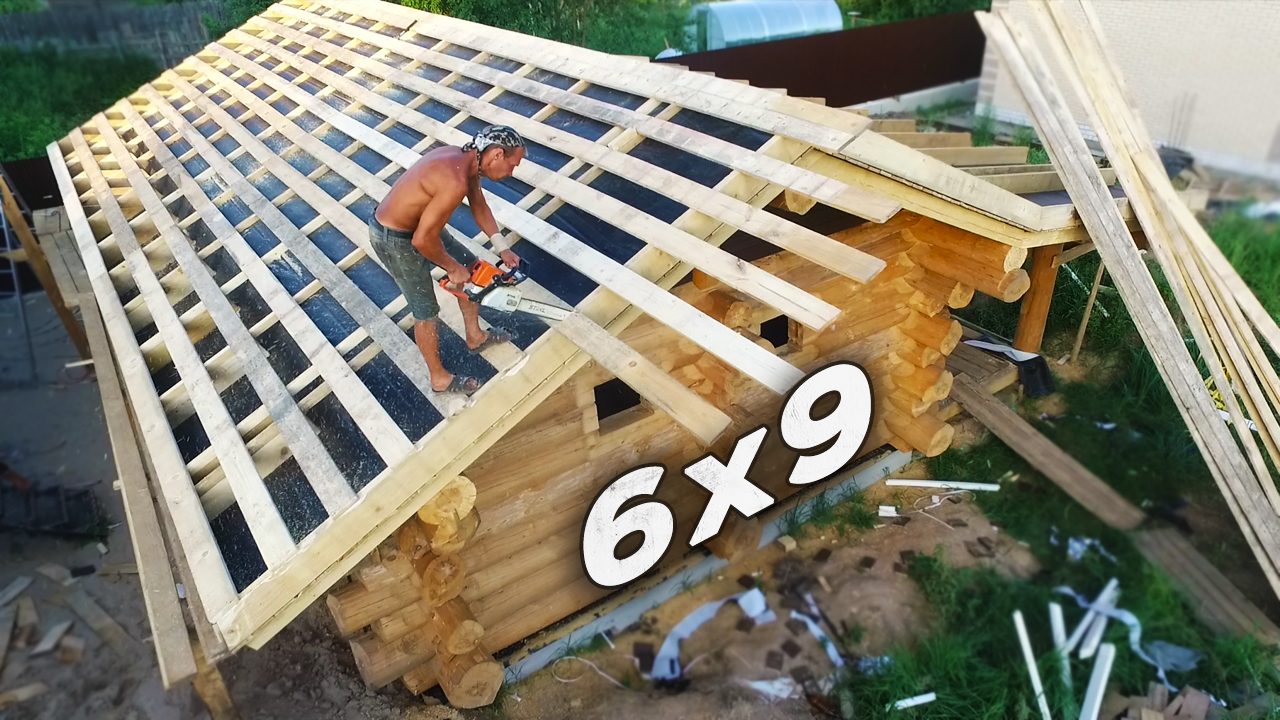 10 дней за 5 минут. Баня из бревна. Канадская рубка с "диким" углом и открытой стропильной системой!