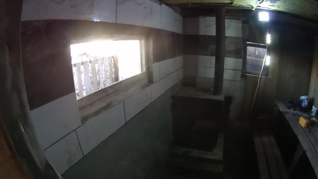 Ремонт в бане своими руками (керамо-гранит на стены) день 4.