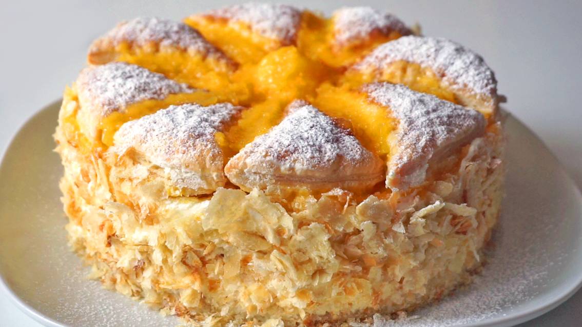 Вкуснее торта Наполеон! Показываю как приготовить торт из слоеного теста с персиками.
