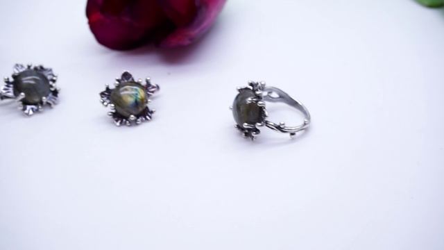 Гарнитур серьги кольцо "Калиновый цвет" лабрадор лабрадорит камни посеребрение 2207 Хорошие Вещи