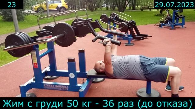 29.07.2023 - Жим с груди 50 кг - 36 раз (до отказа)