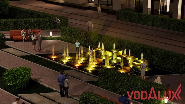 3D визуализация. Пешеходный блочный фонтан с засыпкой галькой №160