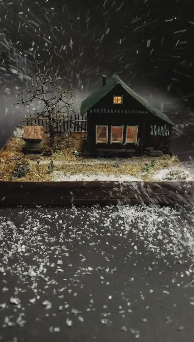 Готовый результат - диорама с крокусами  и деревенским домиком