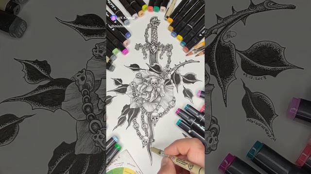 Тату эскиз Кинжал с розой