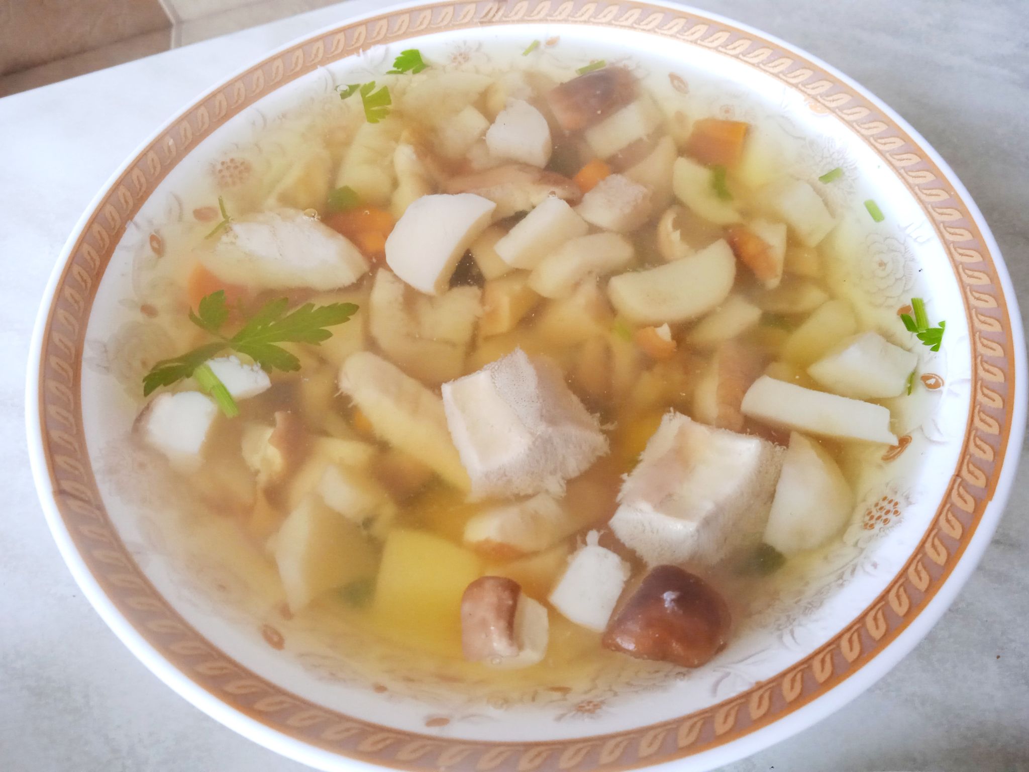 Суп с белыми грибами и кукурузой.