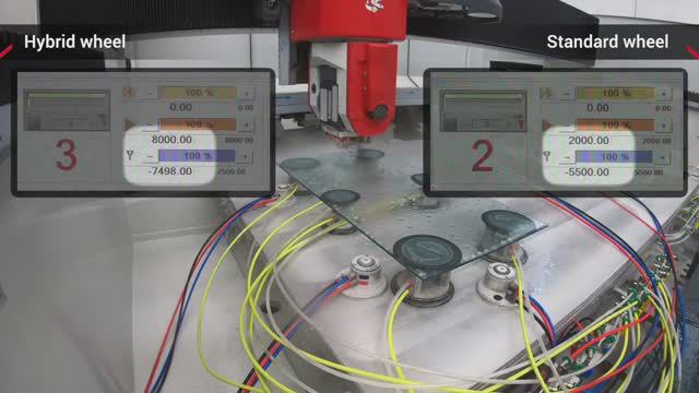 Diamut Hybrid glass High-Speed peripheral grinding wheel on Horizontal CNC. Feed 8m, Speed 7500rpm