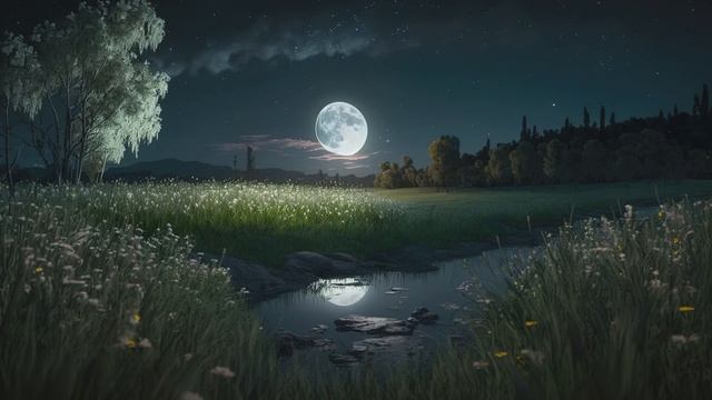 Ощутите чарующую магию ночи полнолуния на безмятежном лугу: прислушайтесь к звукам природы