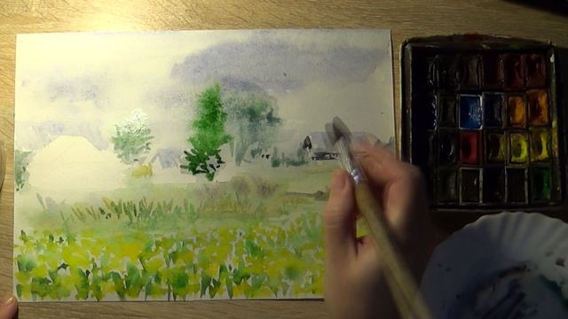 Деревенский пейзаж акварелью. Рисуем акварелью