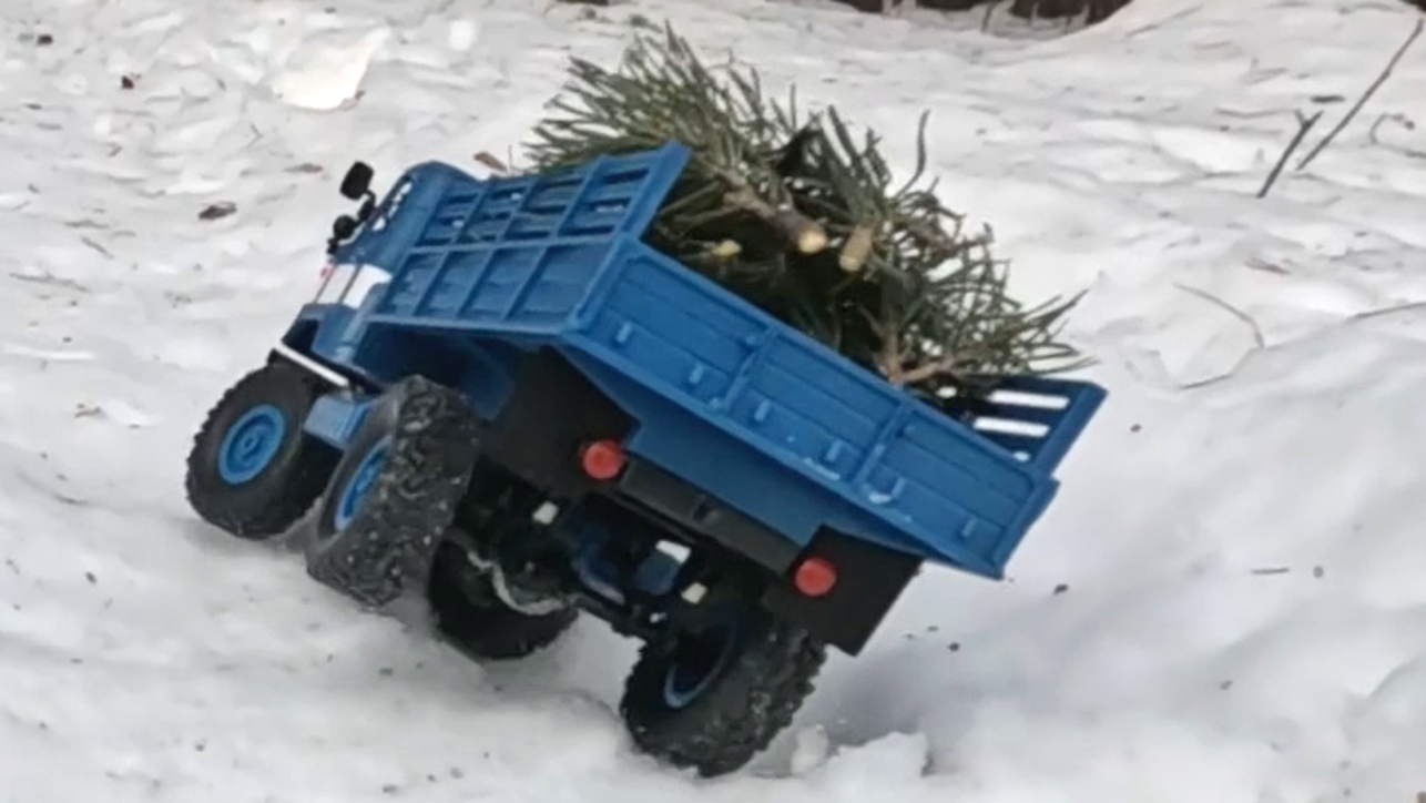 В зимнем лесу перевернулась ШИШИГА с новогодними ёлками!) Радиоуправляемая модель WPL Газ 66.