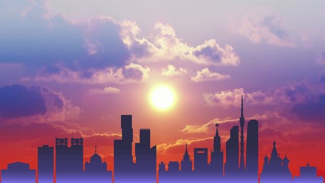 Заря над Москвой. Рассвет над Россией. Панорама. Зацикленный фон города и неба в 4K.