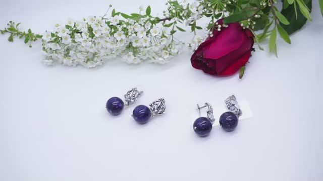 Серьги "Милана" "Стэлла" чароит натуральный самоцветы камни посеребрение  Хорошие Вещи 3835 3836