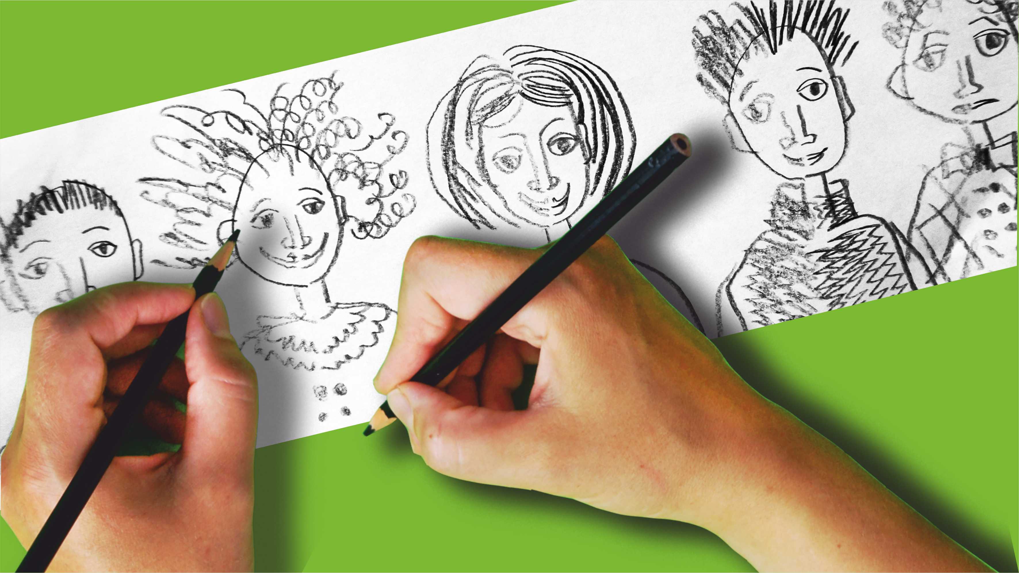 Скетч двумя руками. Нарисовать портреты (лица). Гимнастика для мозга.