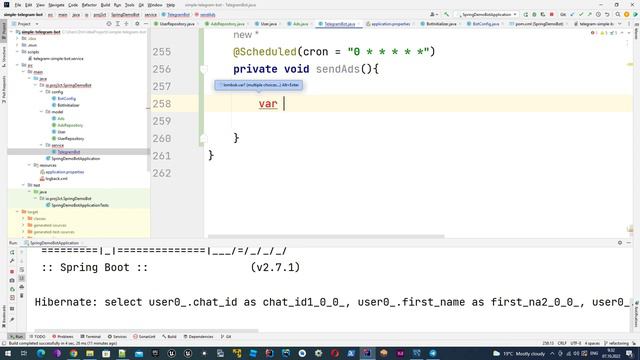 Простой Telegram бот на Java и Spring Boot-  Scheduled для автоматической отправки сообщений из БД