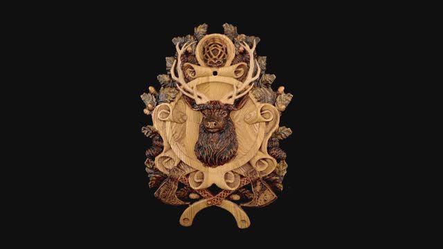 Панно резное Олень из дерева с топорами №2