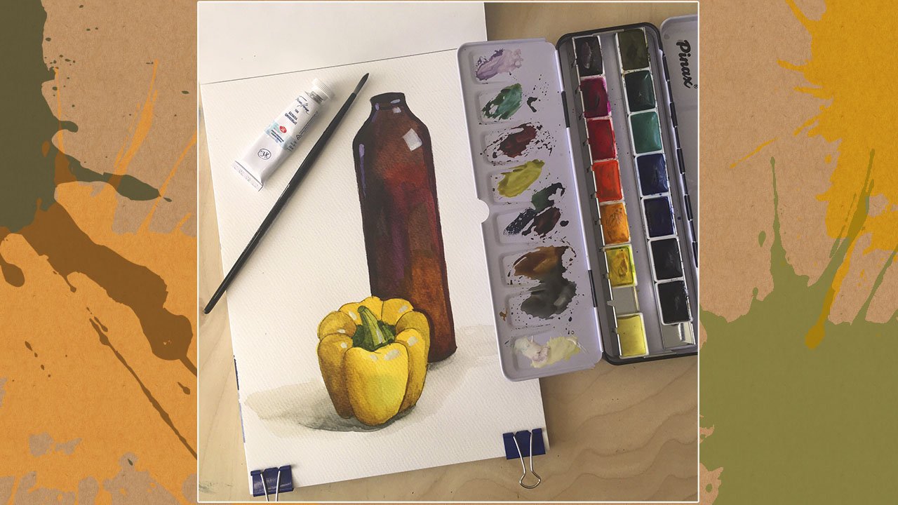 Натюрморт с перцем акварелью.