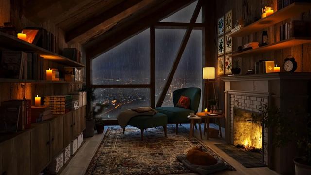 Дождь, а вы в уютной квартирке с камином. Звуки дождя.