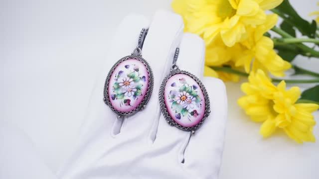 Серьги Тюльпан Ростовская Финифть ручная работа посеребрение цветы ромашки 1188 Хорошие Вещи