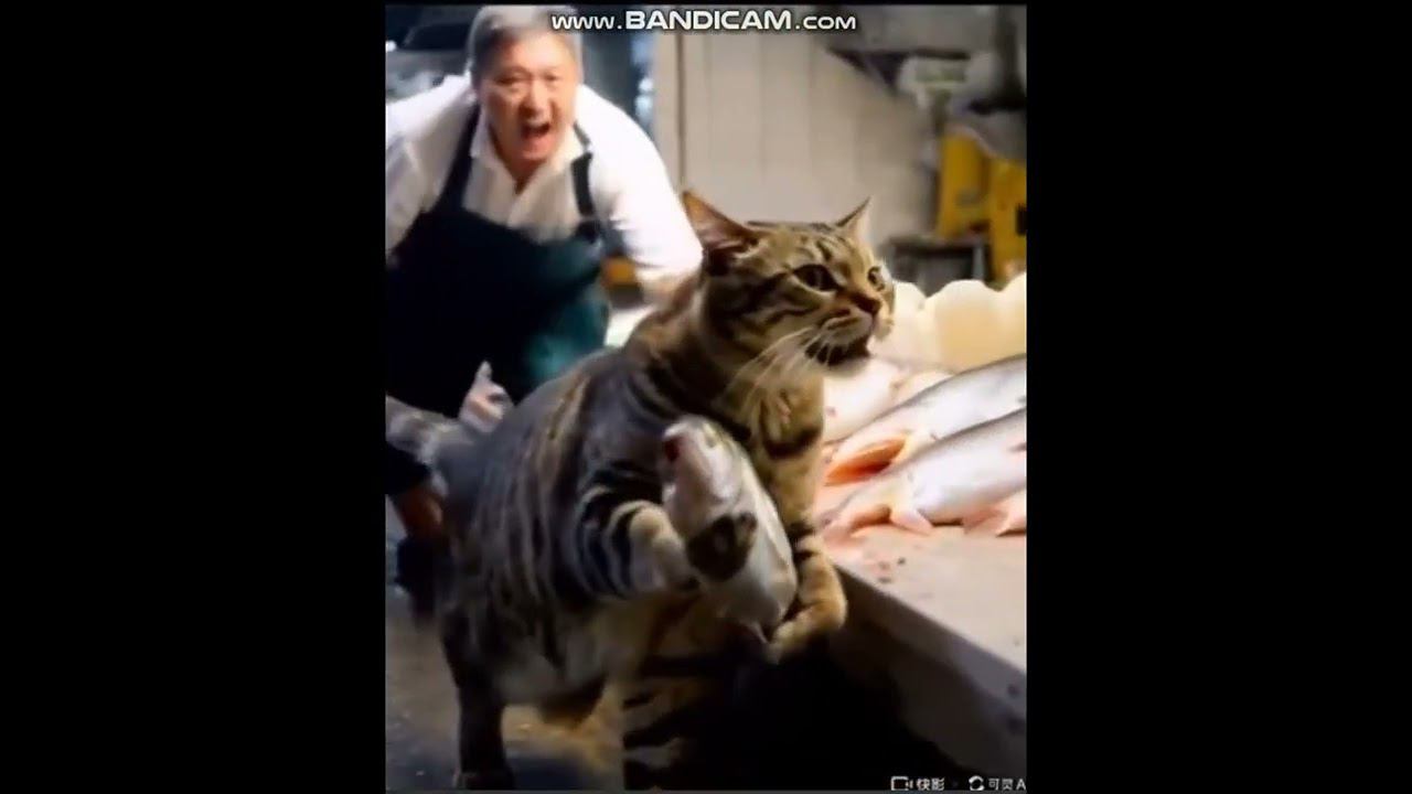 Кот украл у продавца рыбку!