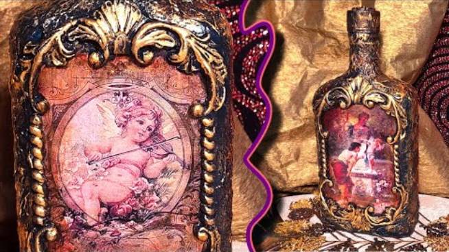 Украшение бутылки"Купидон у фонтана" мастер класс декупажа.