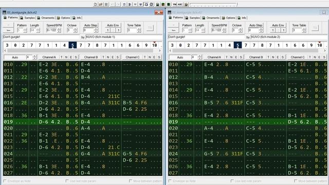 Don't gurgle! by KUVO / Double YM, 6 channel song. Tracker window capture.