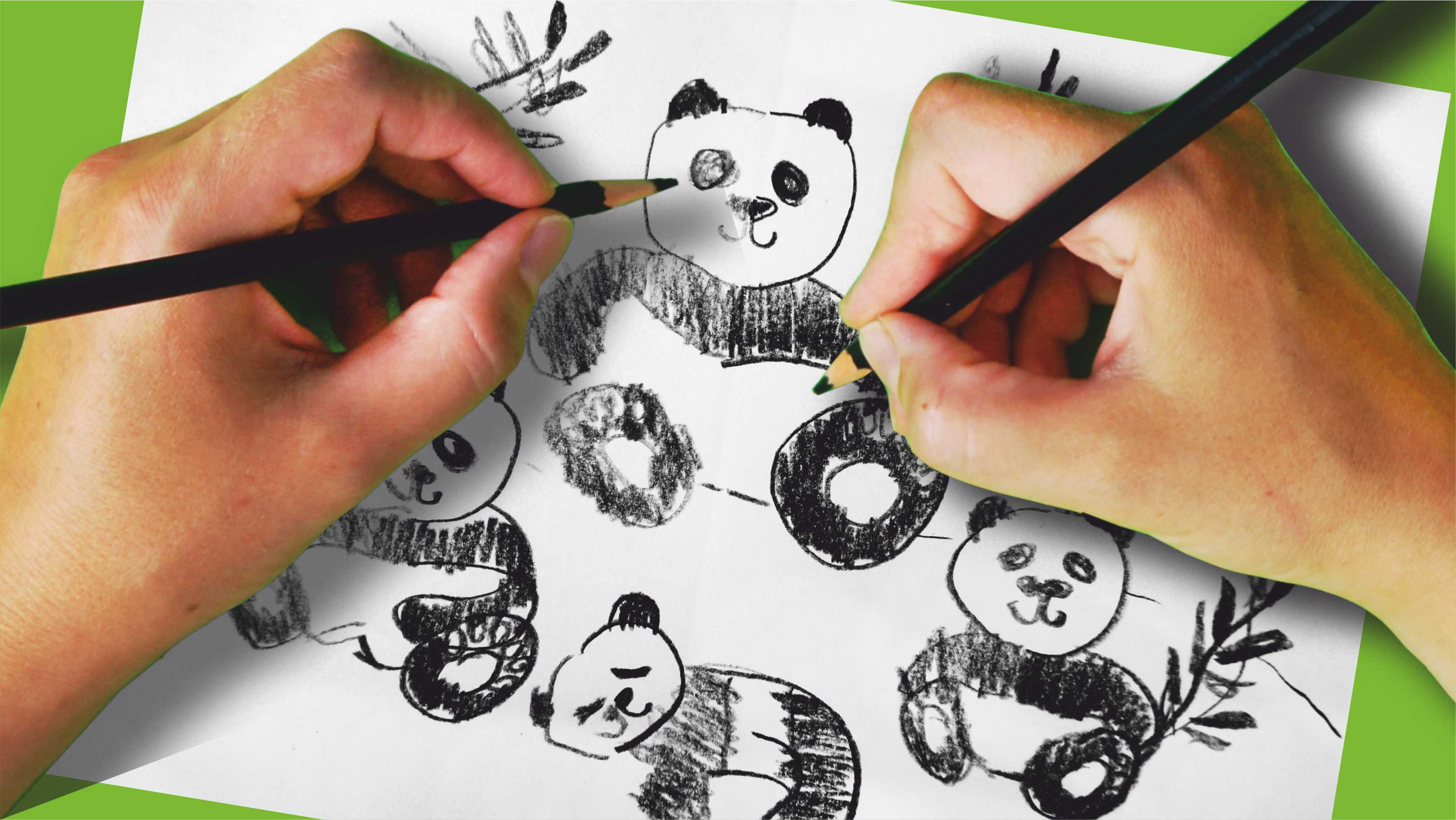 Нарисовать панду двумя руками одновременно.Легкий скетч - тренировка мозга.