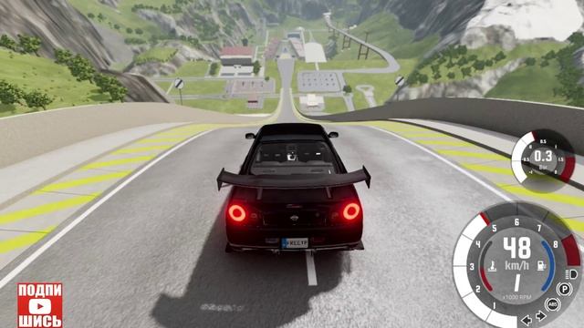 BeamNG Drive Прыжок в длину на автомобиле! (Nissan Skyline R34) Мод патруль!