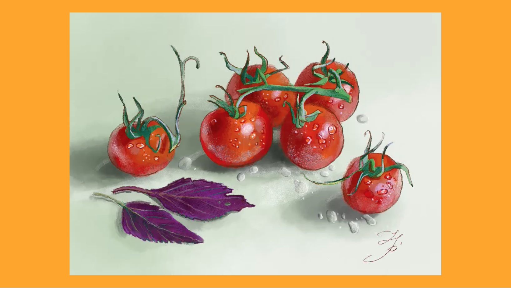 Помидорки черри с базиликом.Digital иллюстрация.