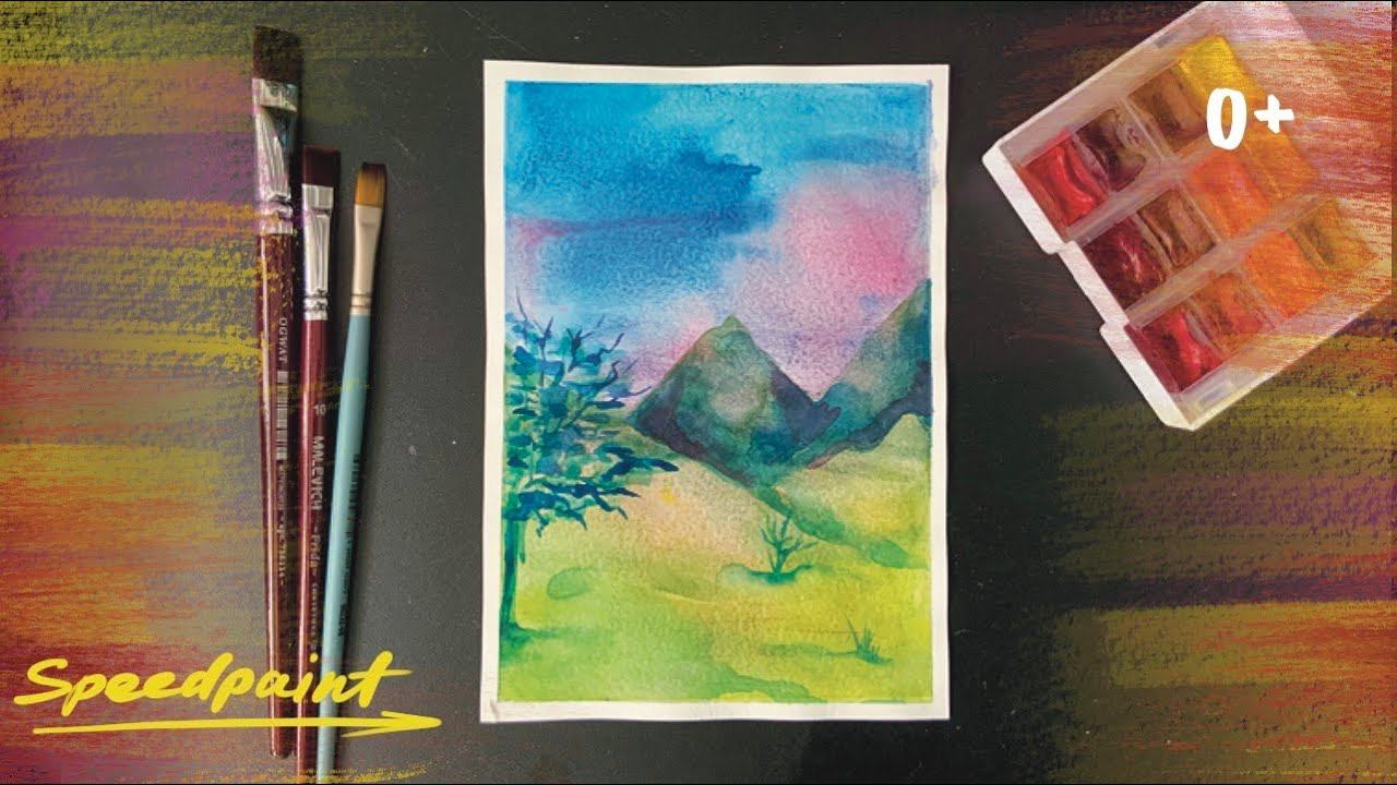 Watercolor| Speedpaint| Акварель. Пейзаж. Уроки рисования для детей. Просто рисуем.