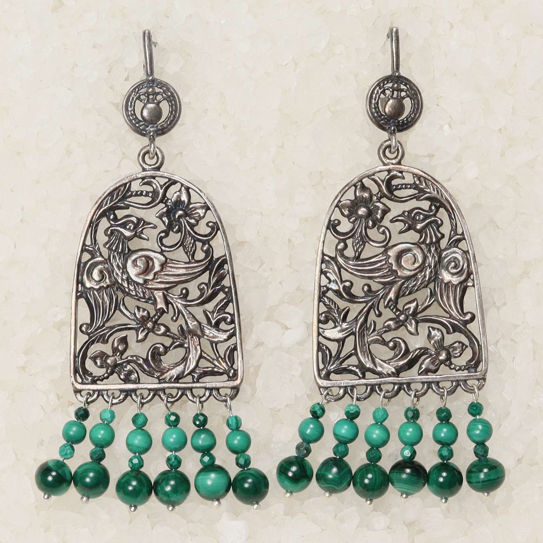 "101 САМОЦВЕТ". Серьги-люстры "Феникс". Малахит, посеребрение.