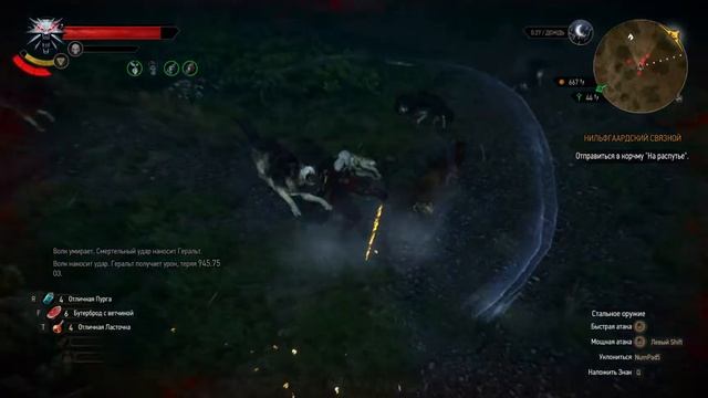 The Witcher 3. Ведьмак фехтование + метаморфоза + вихрь против стаи волков