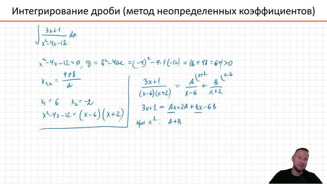 Интегрирование дроби (метод неопредленных коэффициентов) (РЗ 4.2h)