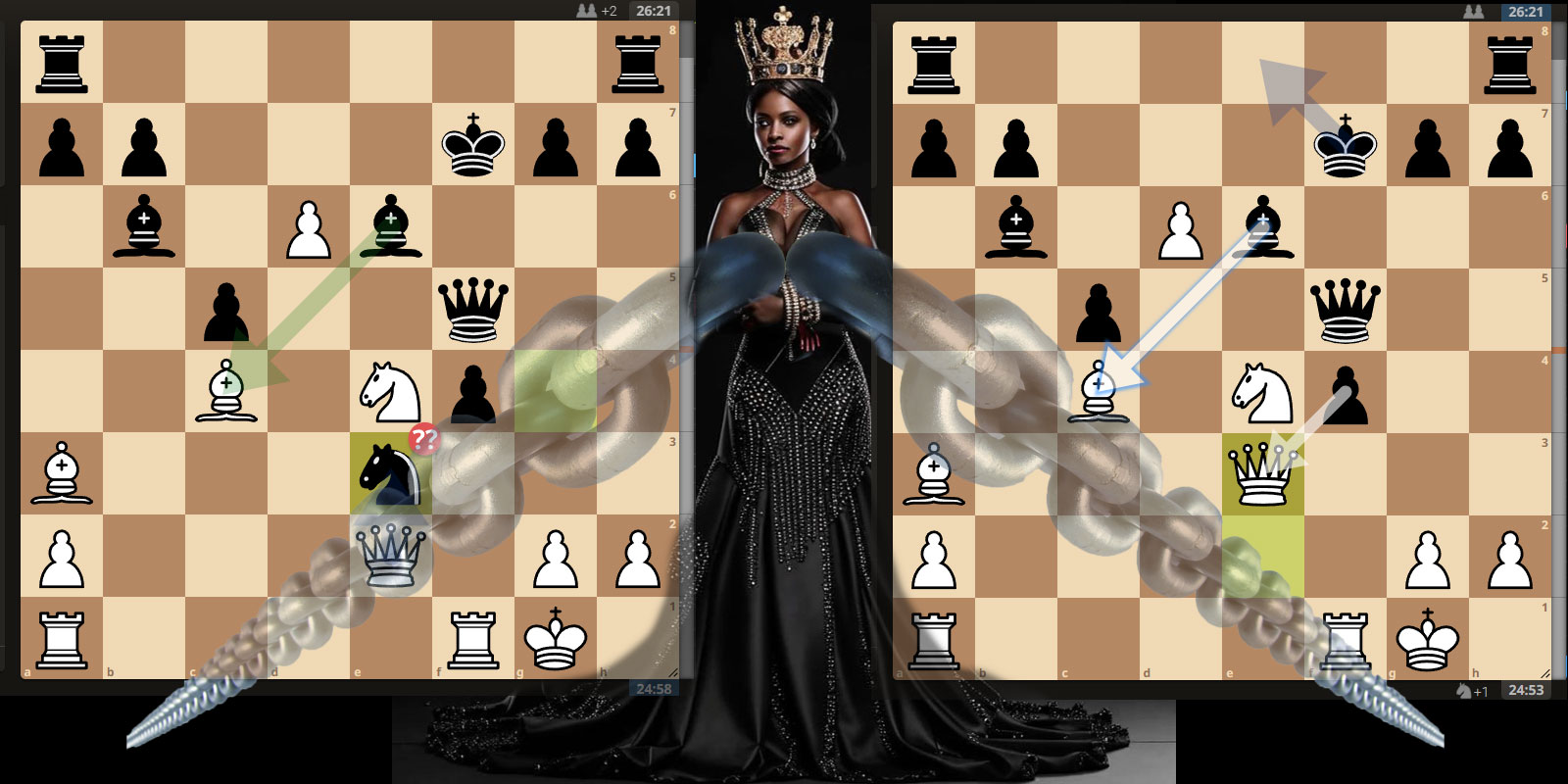 Черная королева, связанная цепями капитана Эванса. Партия sumat777(2244)-DAN_1974(2022).