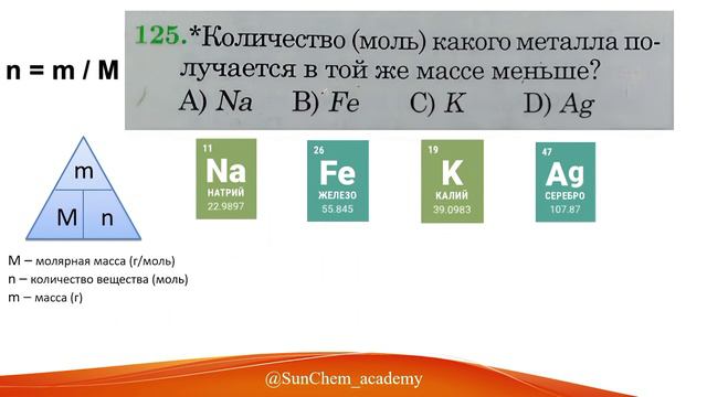 Химия. Количество (моль) какого металла получается в той же массе меньше? Na, Fe, K, Ag