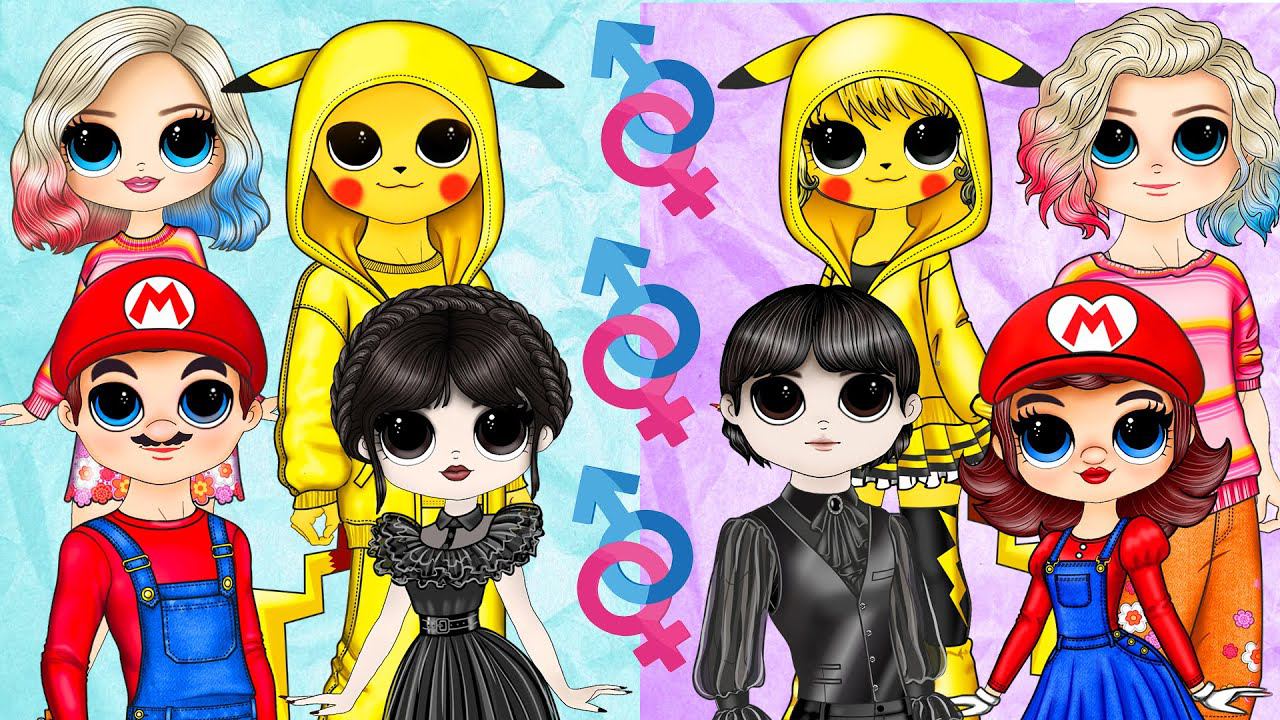 Принцесса Пич и Марио, Покемон, Уэнсдей и Энид, М3ган меняют гендер - Идеи из бумаги DIY