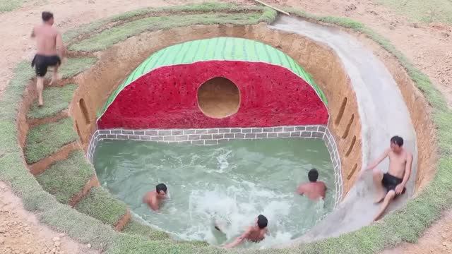 Как построить подземный бассейн, водную горку вокруг секретного подземного арбузного дома