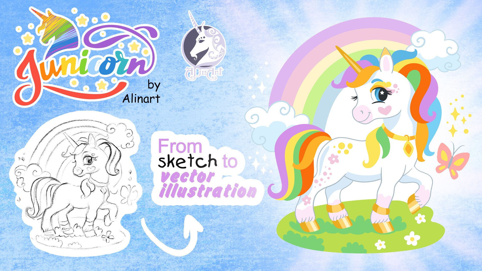 Junicorn № 6. Процесс рисования единорога с радугой. От эскиза до векторной иллюстрации.